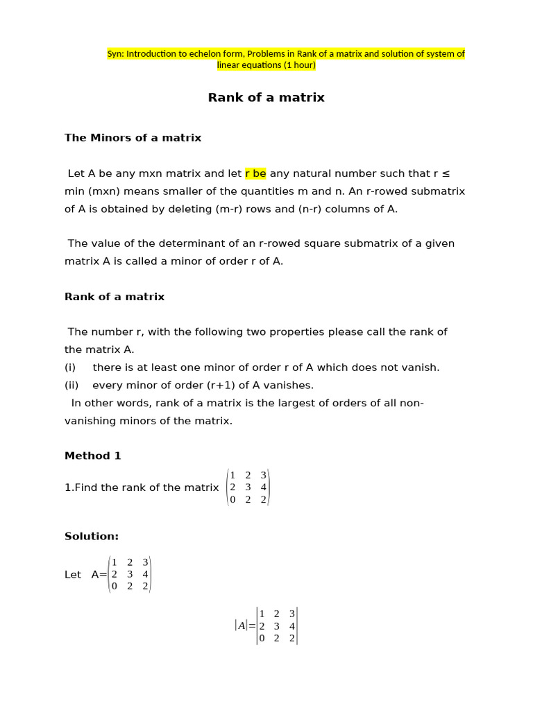 Rank of A Matrix | PDF
