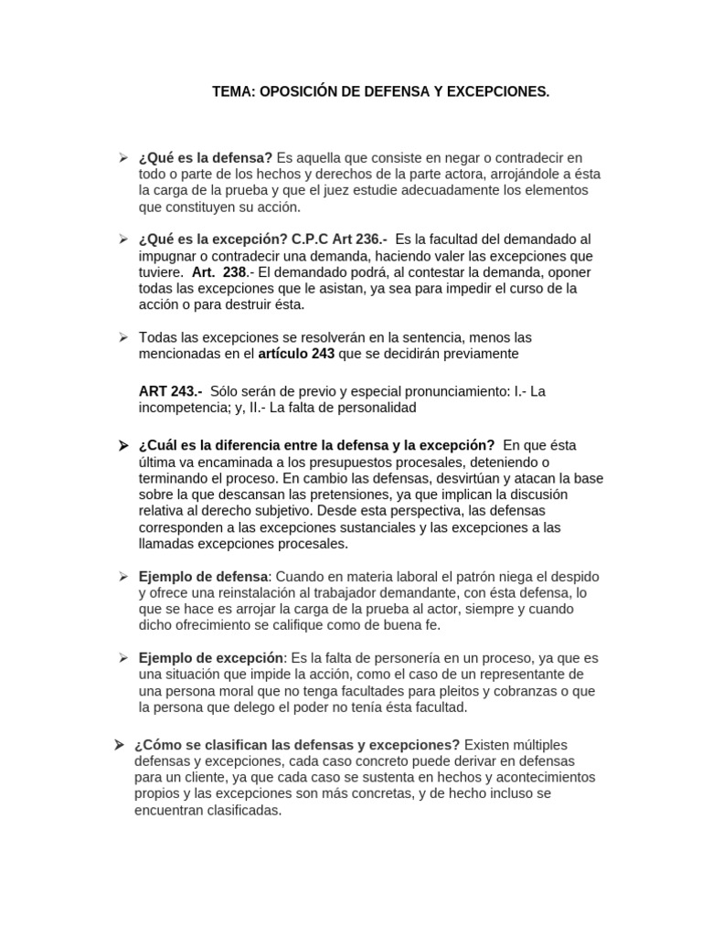 Tema Oposicion de Defdensa y Excepciones | PDF