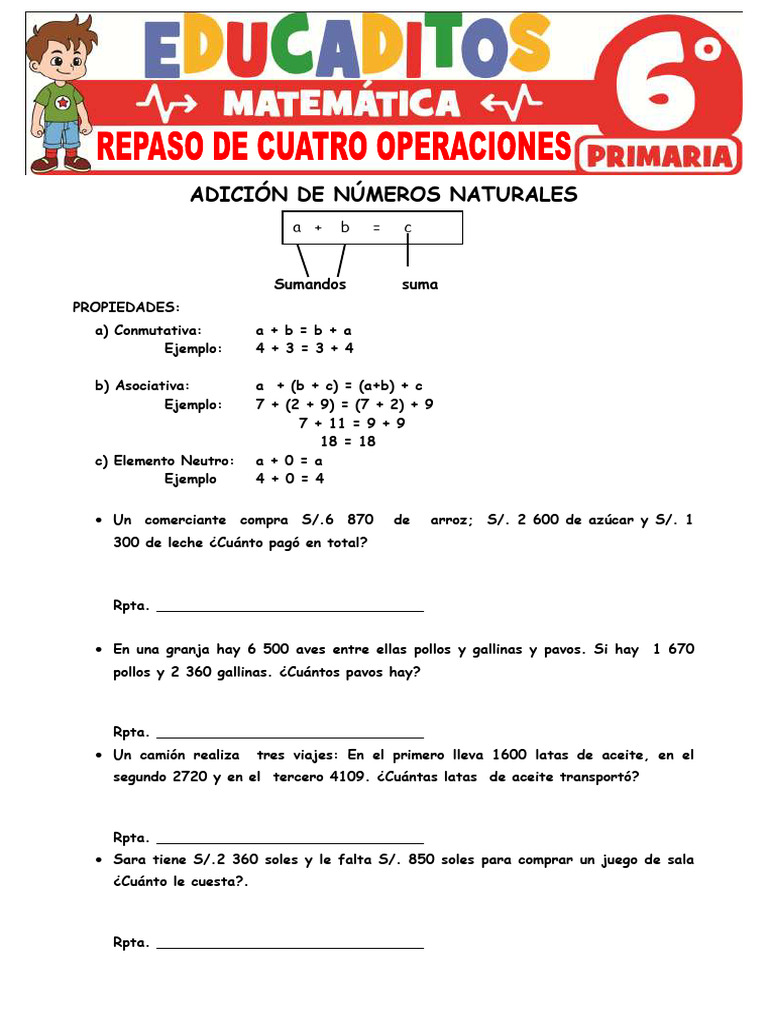 Repaso de Cuatro Operaciones para Sexto Grado de Primaria | PDF