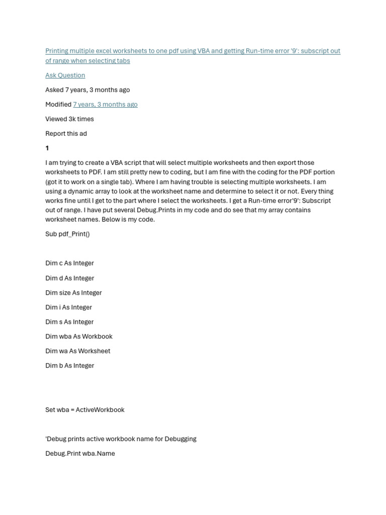 Printing Multiple Excel Worksheets To One PDF Using VBA and Getting Run ...