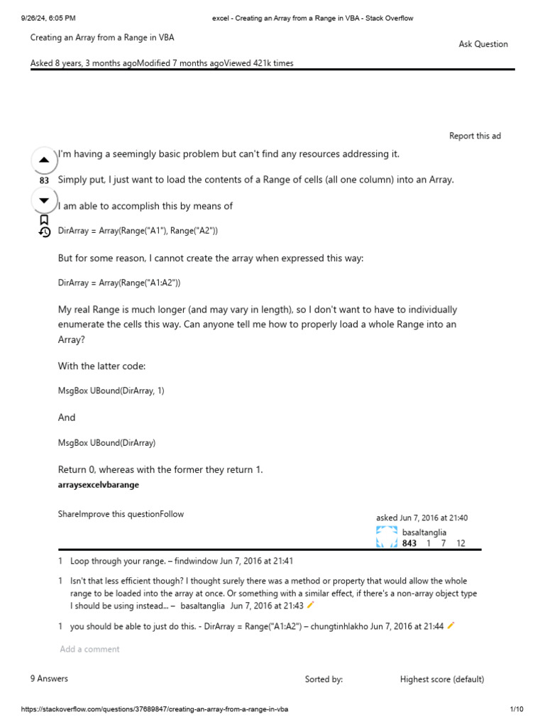 Creating An Array From A Range in VBA - Stack Overflow | PDF