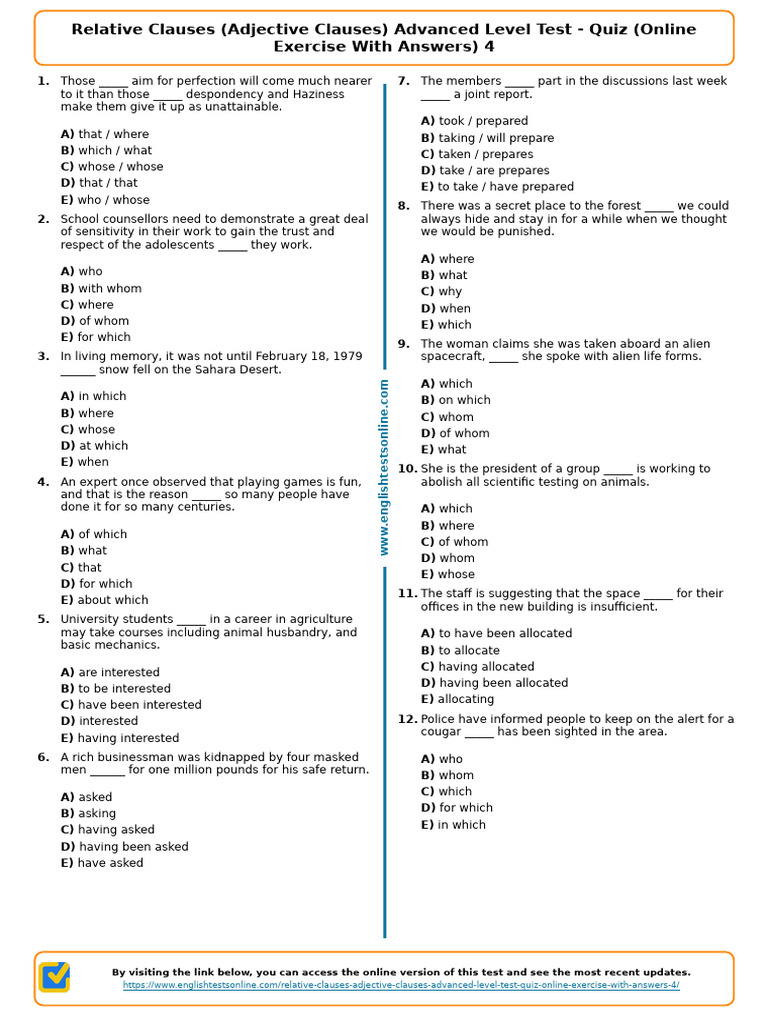 346 - Relative Clauses Adjective Clauses Advanced Level Test Quiz ...