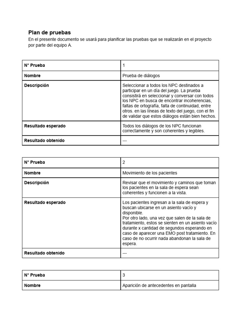 Plan de pruebas equipo A | PDF