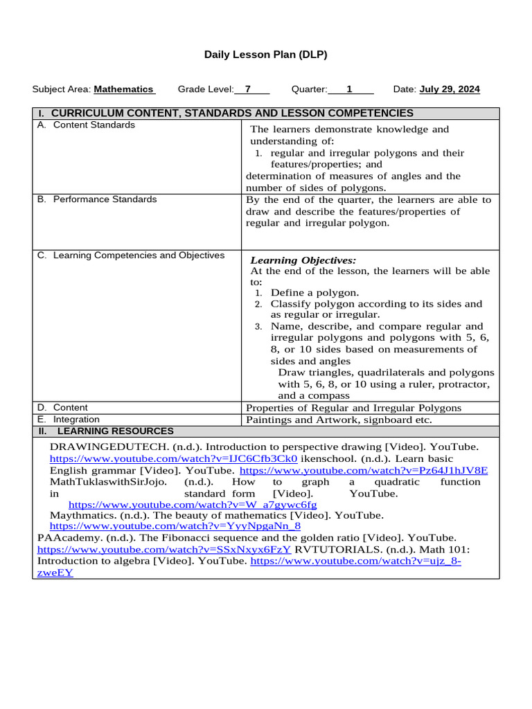 G7 MATH MATATAG LESSON PLAN Week 1 Day 1 | PDF