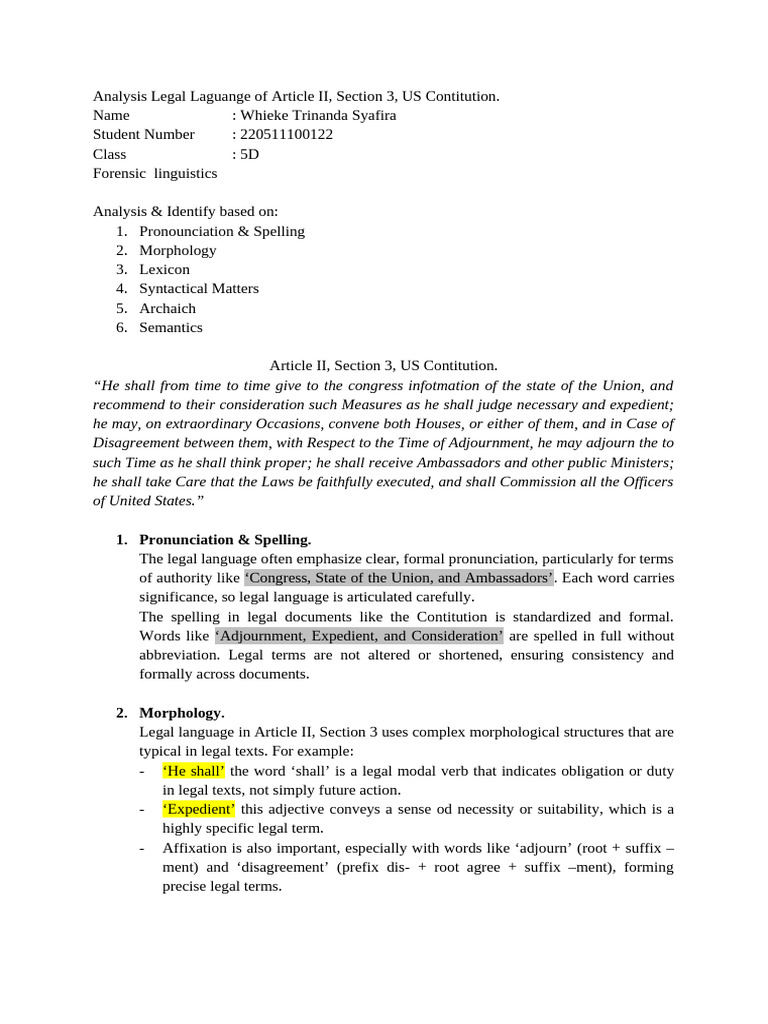 Forensic Ling Analysis (Article II, Section 3, US Contitution) | PDF ...