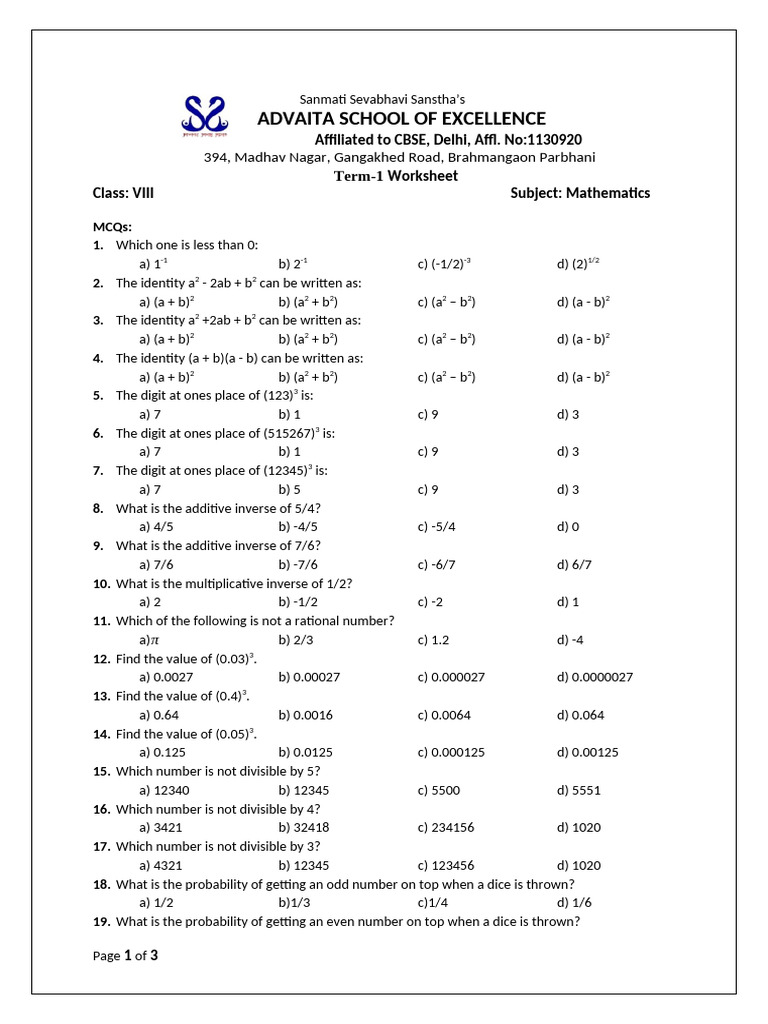 Worksheet VIII Term1 | PDF