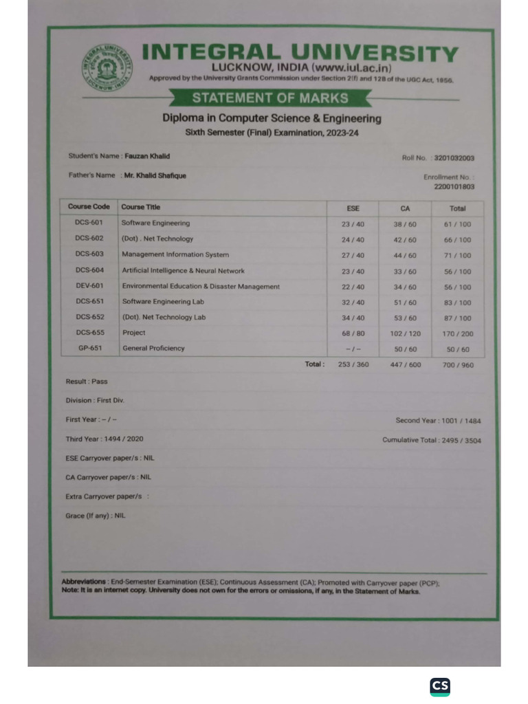 Cse Final Year Mark Sheet | PDF