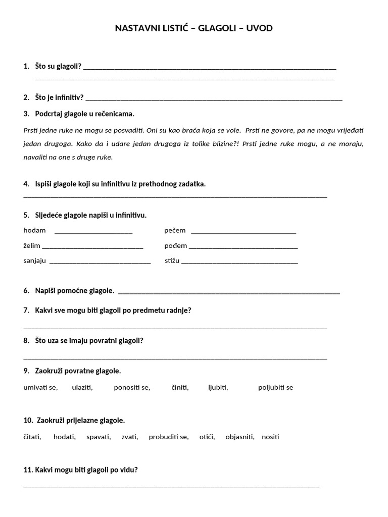 Glagoli - Uvod - Nastavni Listić | PDF