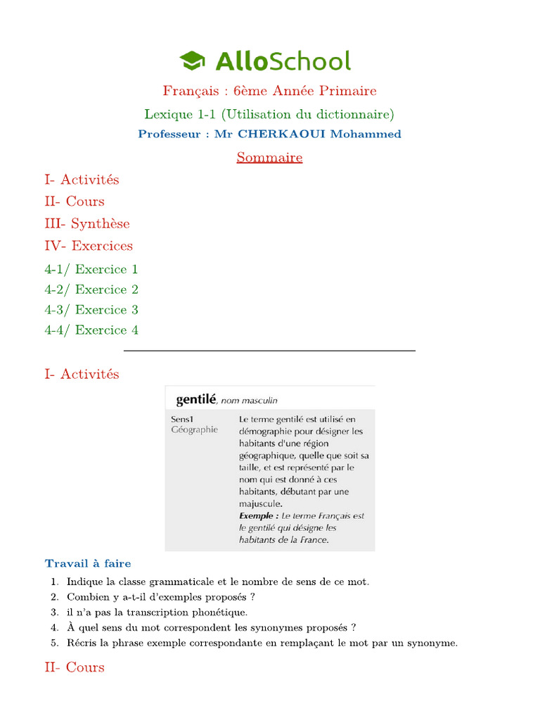 Lexique 1 1 Utilisation Du Dictionnaire | PDF