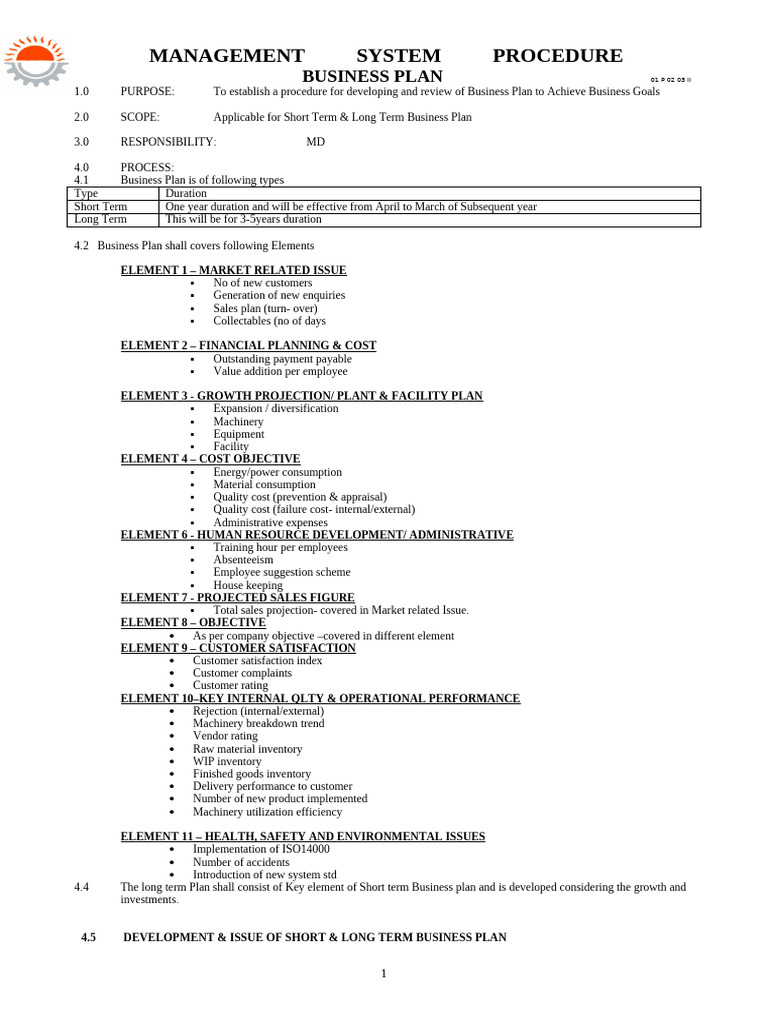 Management System Procedure: Business Plan | PDF