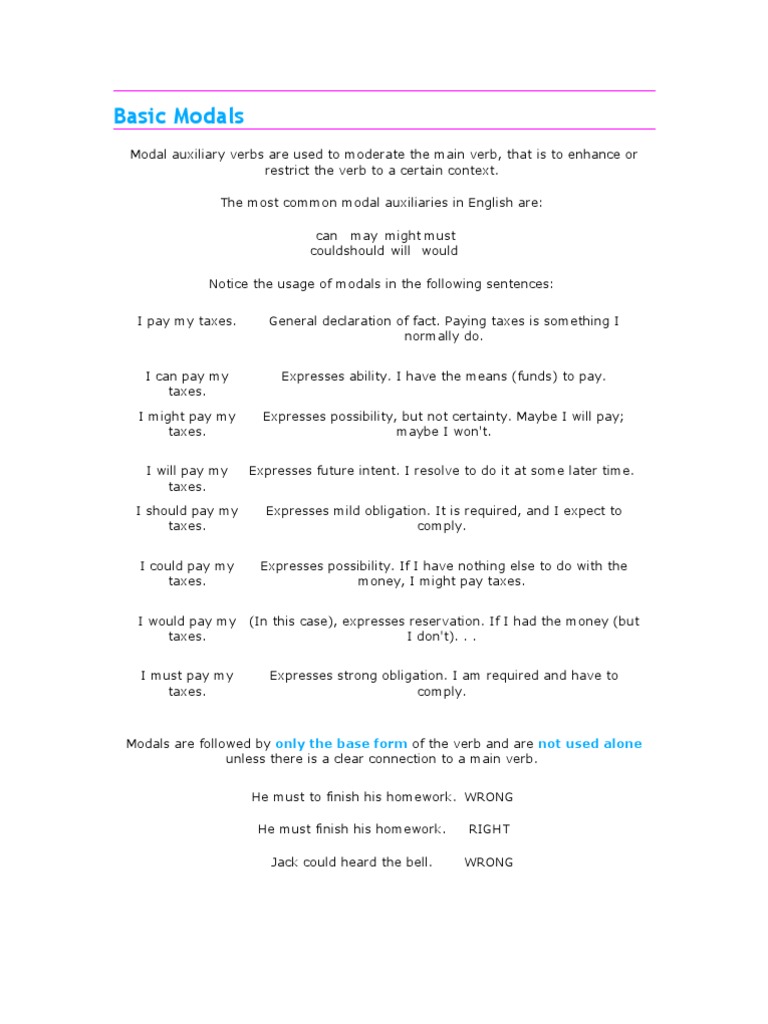 Basic Modals: Only The Base Form Not Used Alone | PDF | Linguistic ...