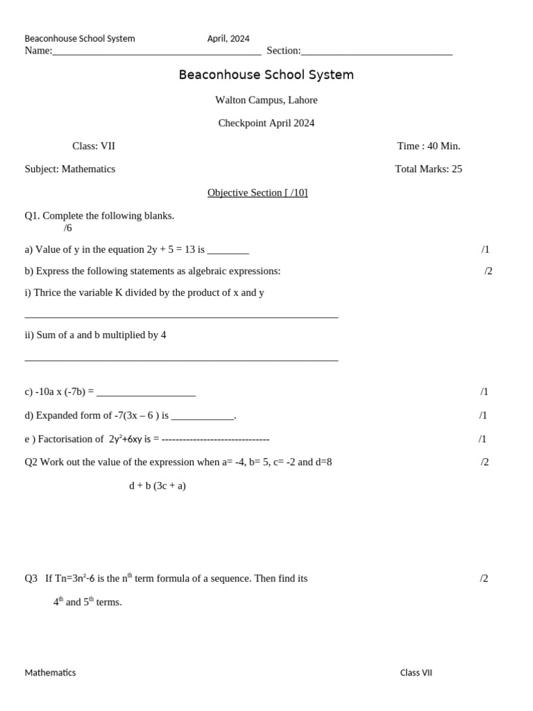MATH CHECKPOINT April 2024 | PDF