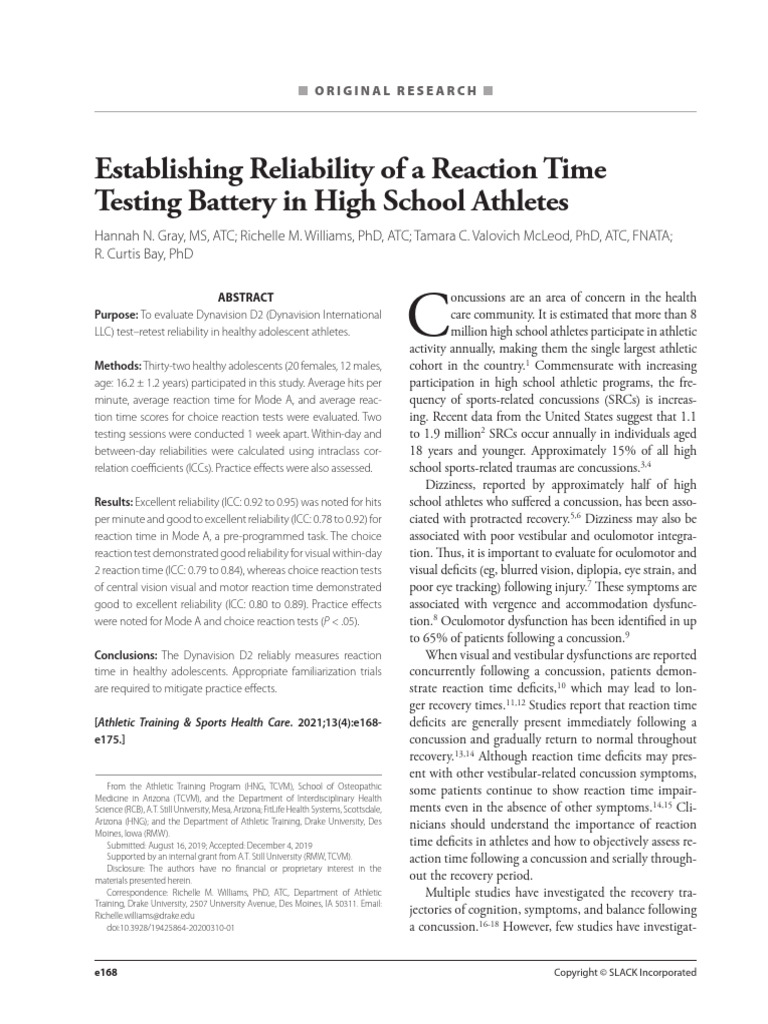 Gray Et Al 2020 Establishing Reliability of A Reaction Time Testing ...