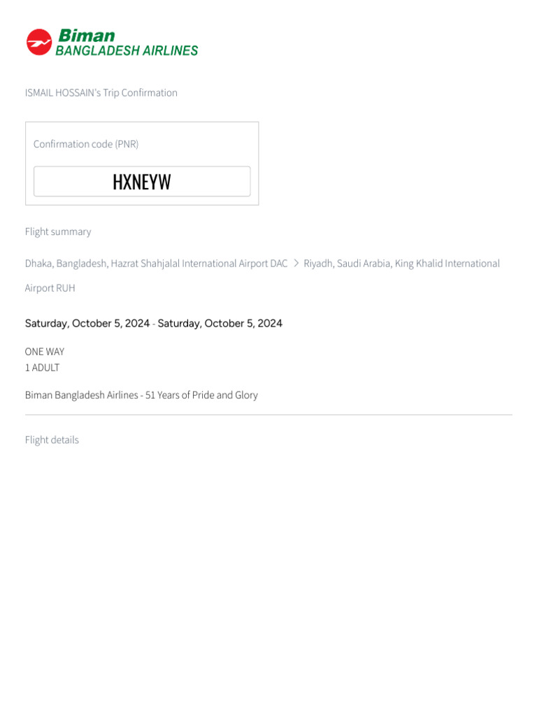 Biman Bangladesh Airlines - Print Confirmation | PDF