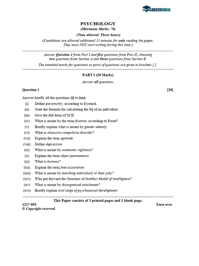 ISC Class 12 Psychology Question Paper - 2017 | PDF