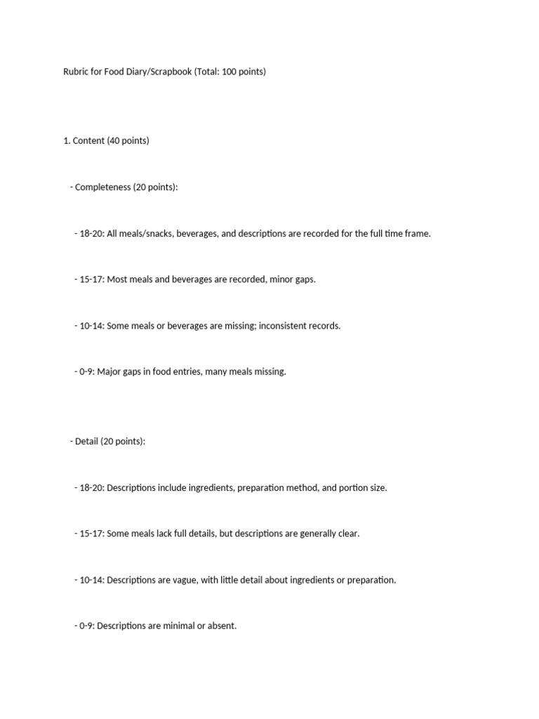 Rubric For Food | PDF