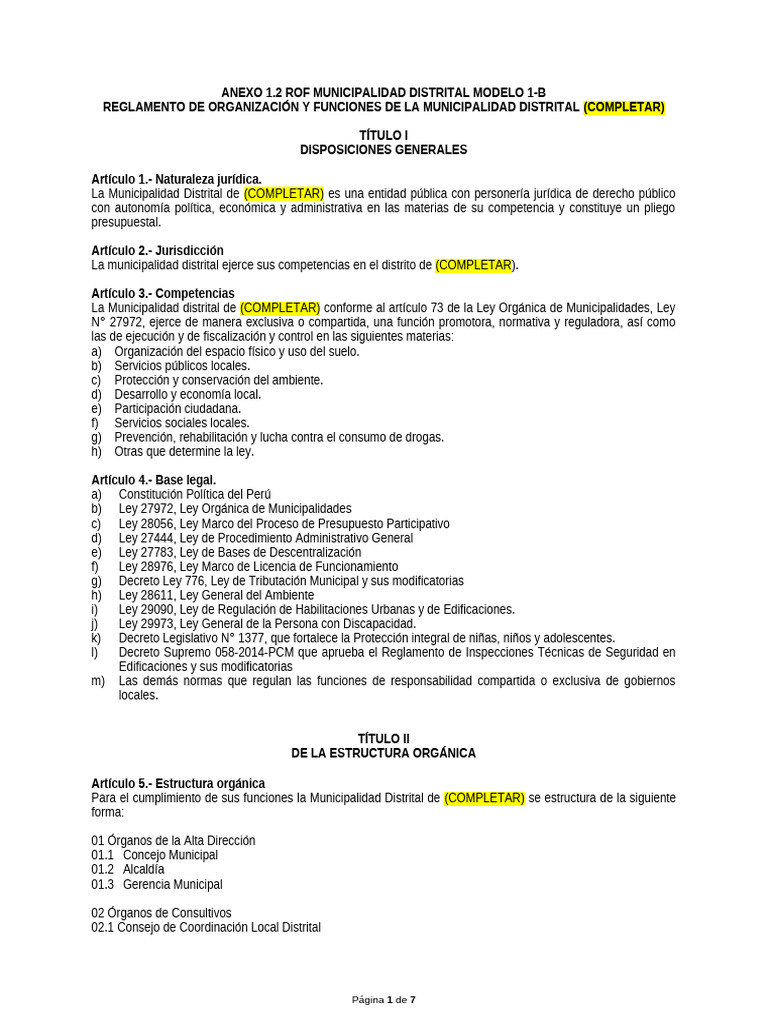 Modelo ROF 1B - Municipalidad Distrital | PDF | Gobierno local | Alcalde