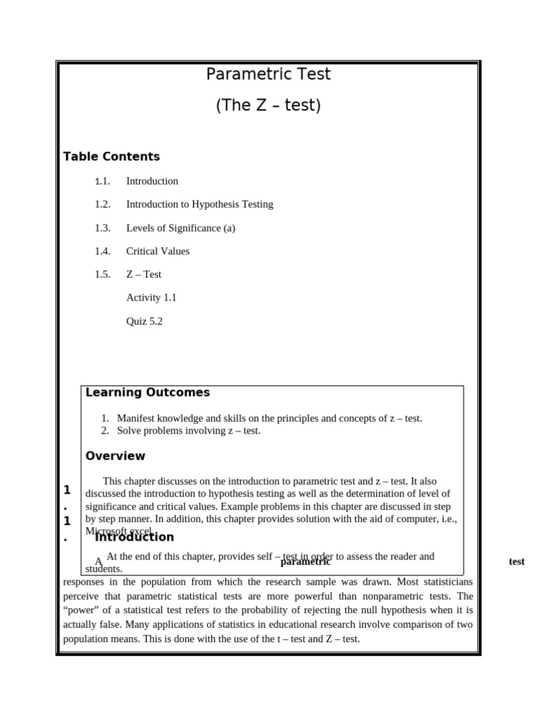PARAMETRIC TEST The Z Test | PDF