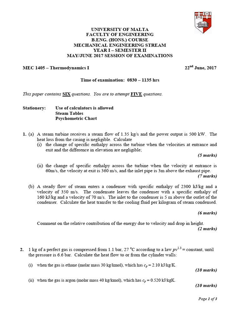 Mec 1405 Thermodynamics FINAL 1 | PDF