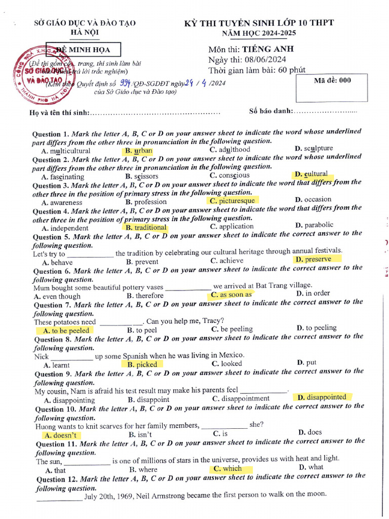 De Minh Hoa Tieng Anh PDF | PDF