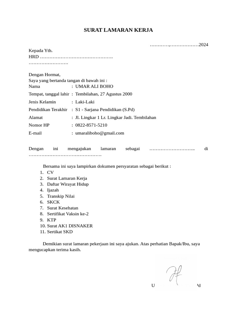 Surat Lamaran Kerja Bo1 | PDF