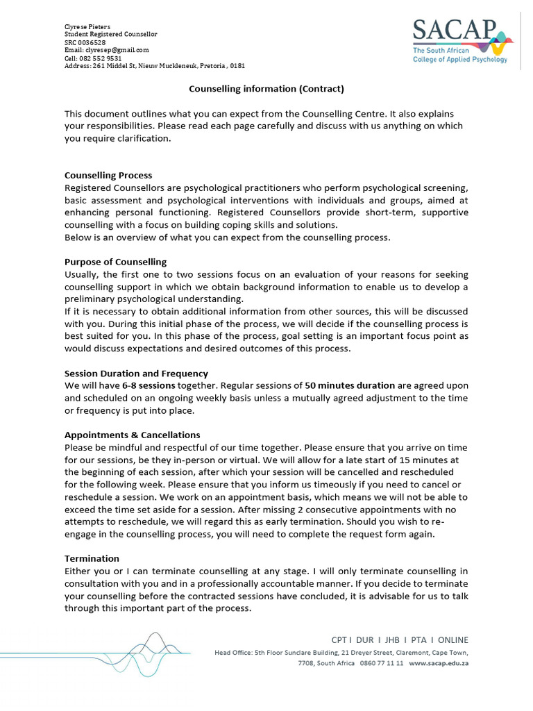 Counselling Information and Contract (Sacap Online) | PDF