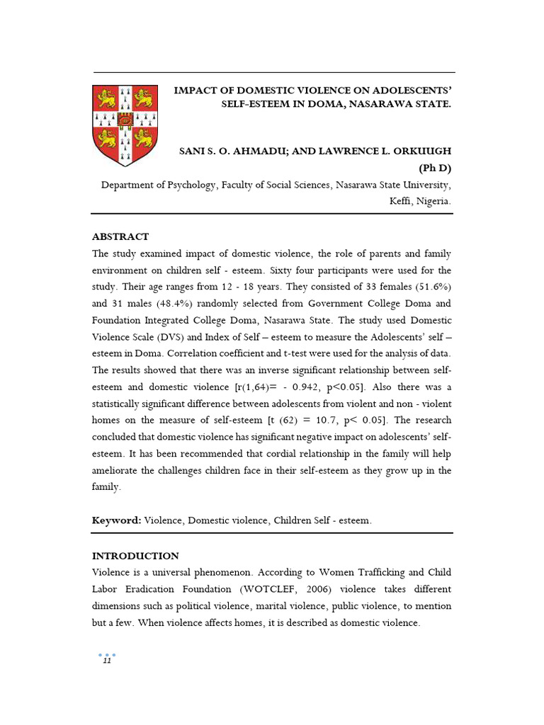 Impact of Domestic Violence On Adolescents' Self-Esteem in Doma ...