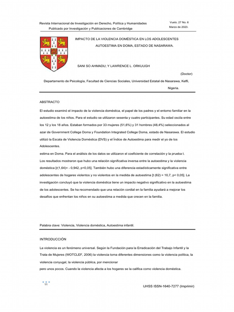IMPACT OF DOMESTIC VIOLENCE ON ADOLESCENTS’ SELF-ESTEEM IN DOMA ...
