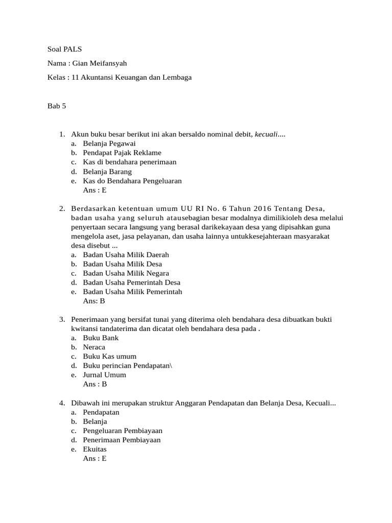 Soal PALS Bab 5,6,7 GIAN MEIFIANSYAH KELAS 11 AKUNTANSI | PDF