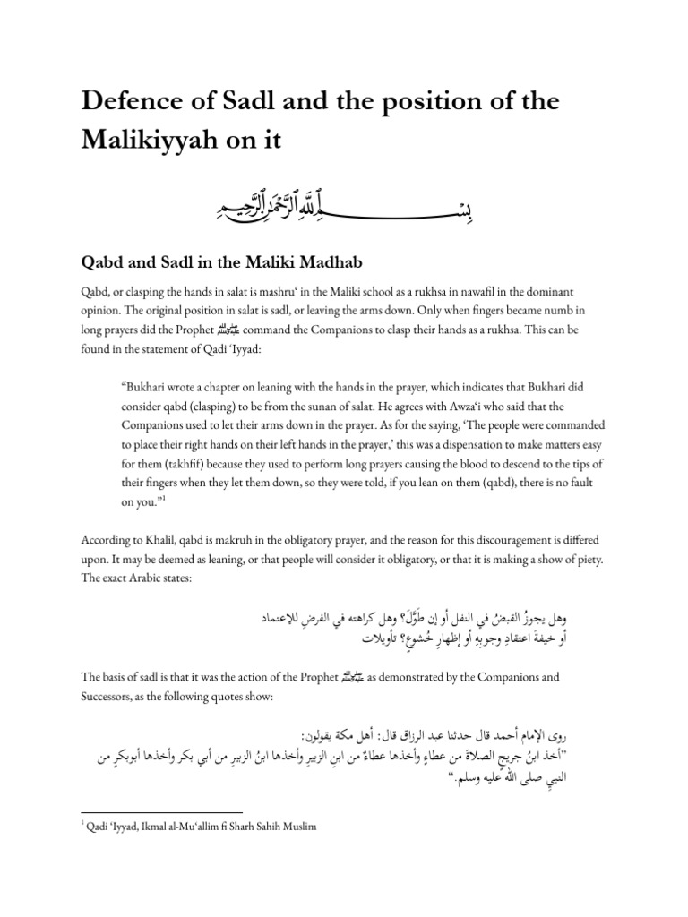 Defence of Sadl and The Position of The Malikiyyah On It | PDF