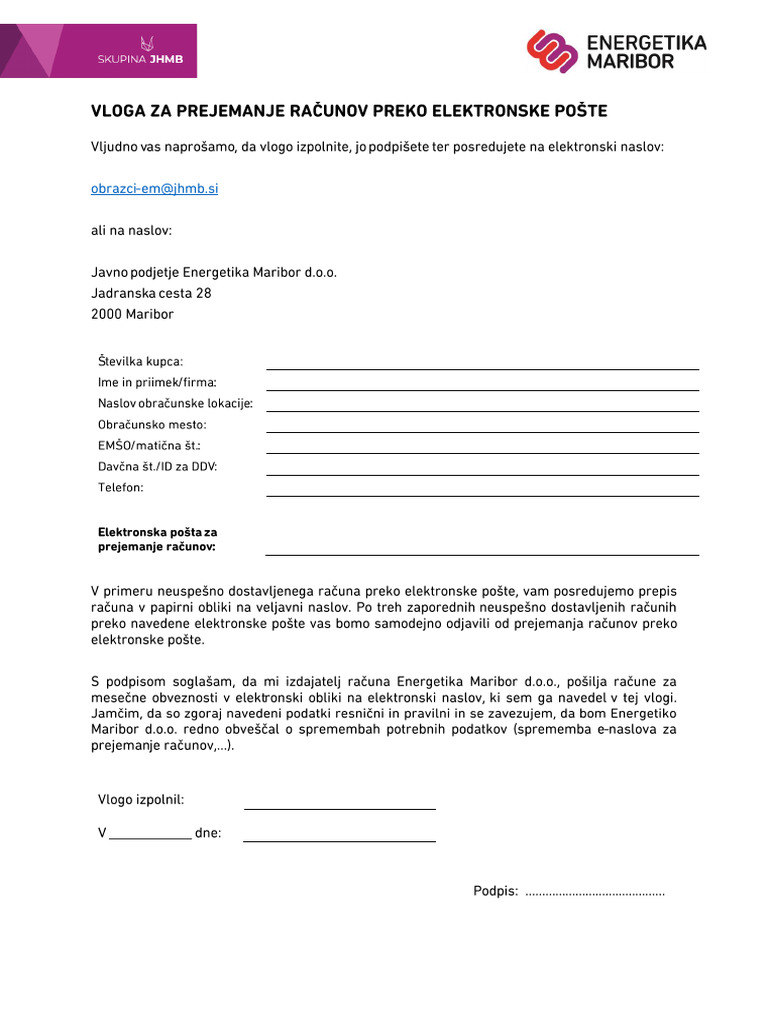 OBR6 - Vloga Za Posredovanje Racunov Preko Elektronske Poste | PDF
