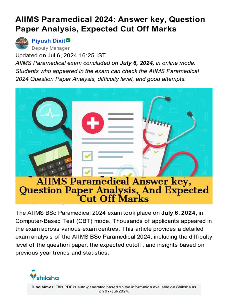 AIIMS Paramedical 2024: Answer Key, Question Paper Analysis, Expected ...