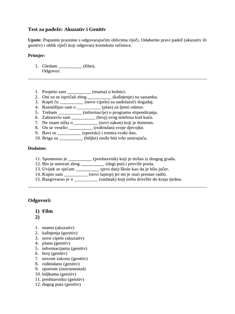 Akuzativ I Genitiv Vježbe 2 | PDF