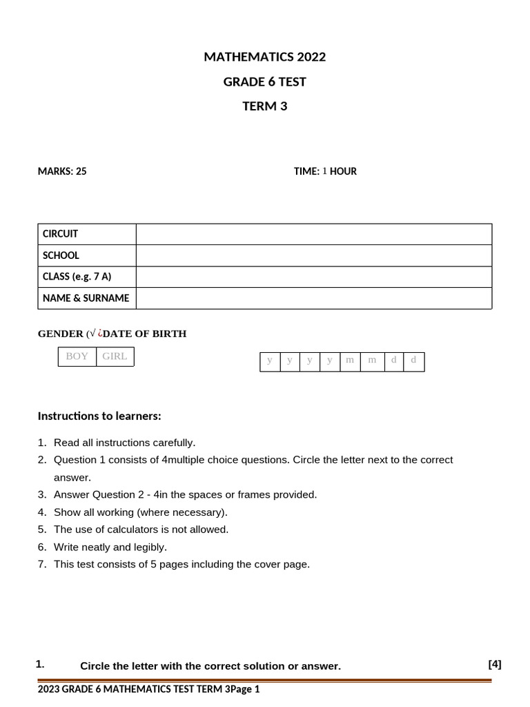 Grade 6 Mathematics Test Term 3 2023 | PDF