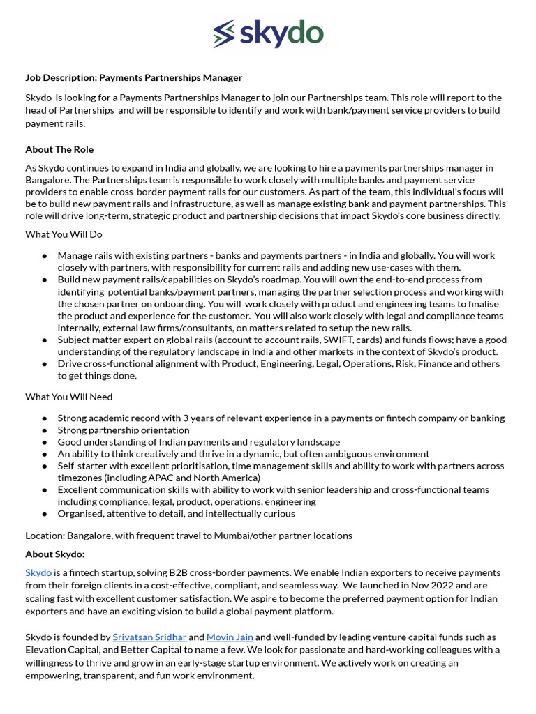 Payments Partnerships Manager - Job Description Skydo-1 | PDF