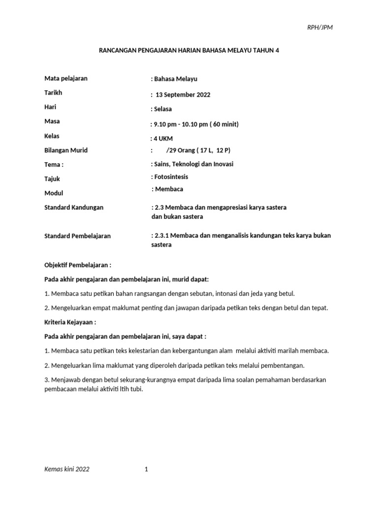 Rph Bm m5 13 September 2022 (4 Ukm) (1) | PDF