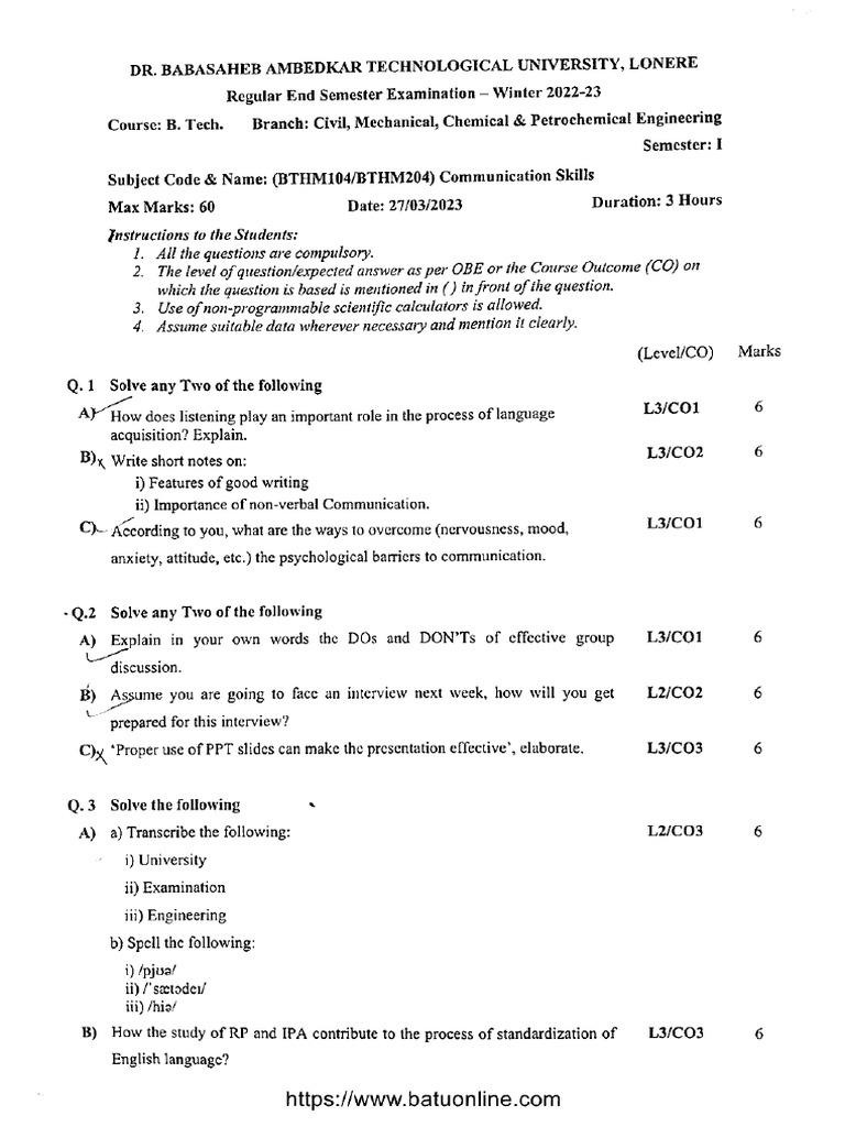 Btech 1 Year Communication Skills Bthm104 Mar 2023 | PDF