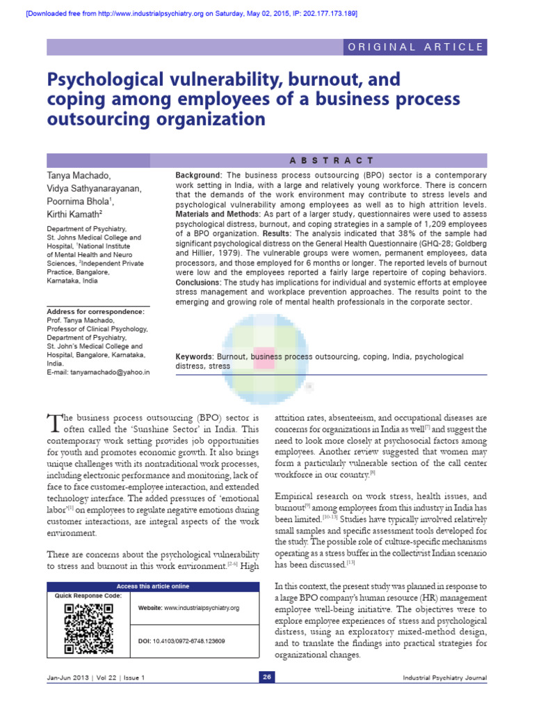Psychological Vulnerability, Burnout, and Coping Among Employees of A ...