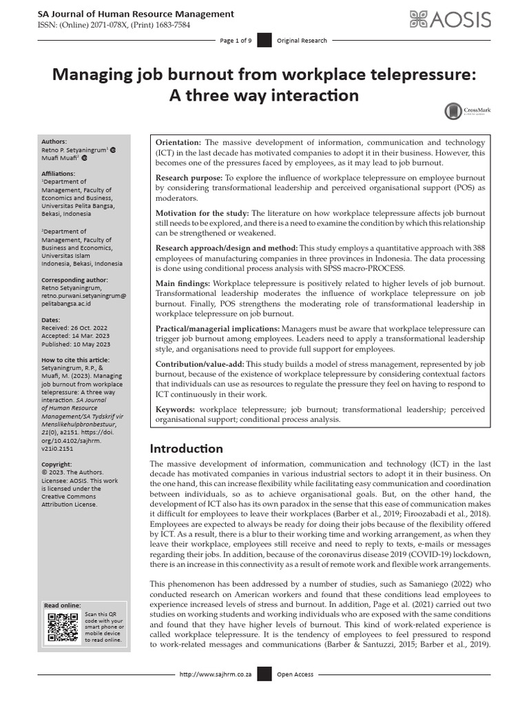 Managing Job Burnout From Workplace Telepressure | PDF