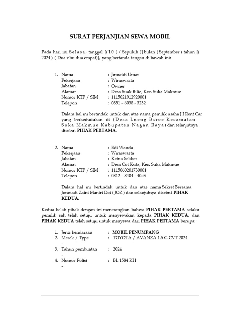 Surat Perjanjian Sewa Mobil Ji Rent Car | PDF