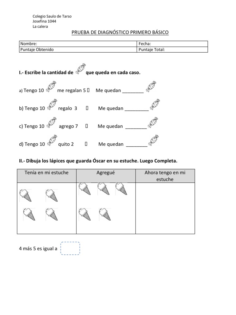 Evaluación de Matemáticas 1er Grado | PDF | Métodos y materiales de ...