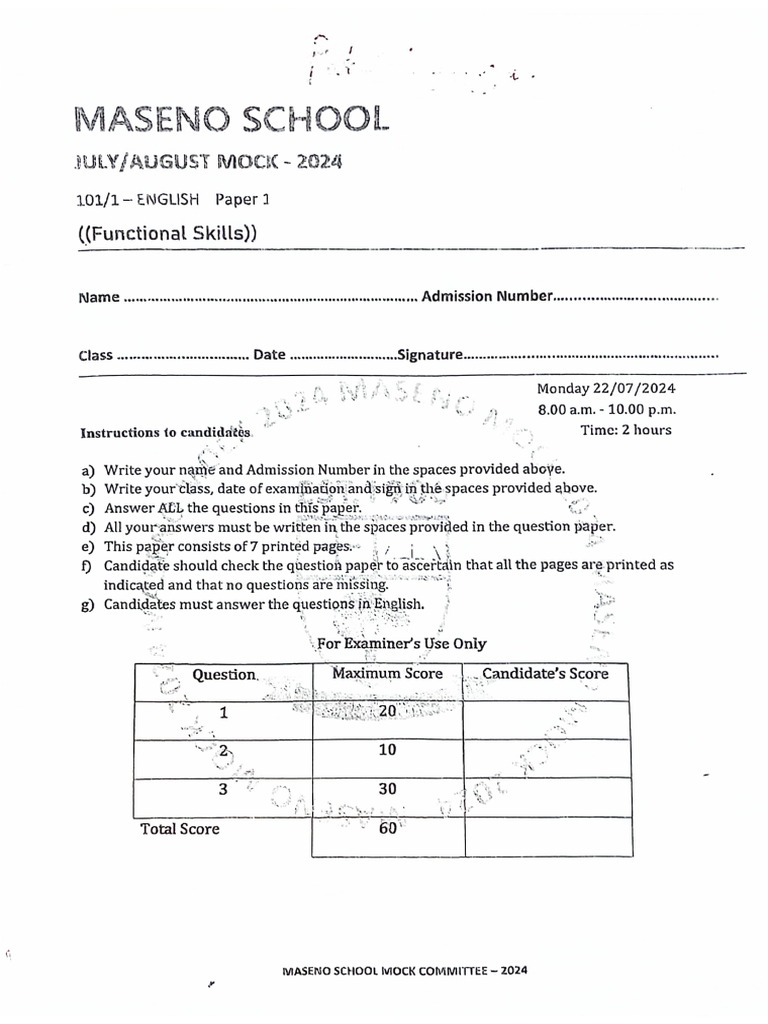 English Pp1 Marking Scheme Mock 2024 | PDF