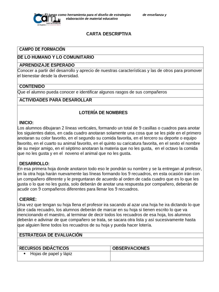 Carta Descriptiva | PDF