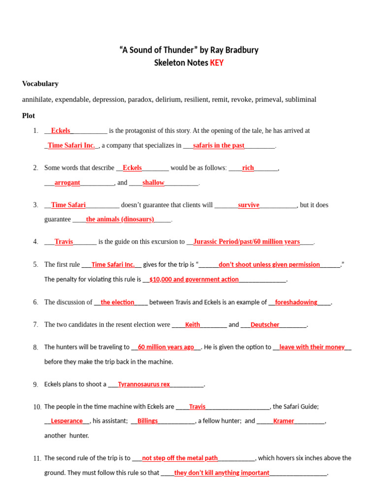 A Sound of Thunder Skeleton Notes KEY | PDF
