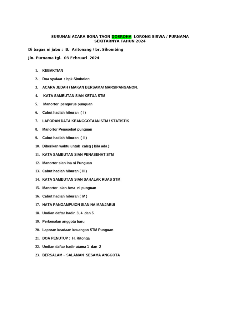 Susunan Acara Bona Taon Dosroha Lorong Siswa | PDF