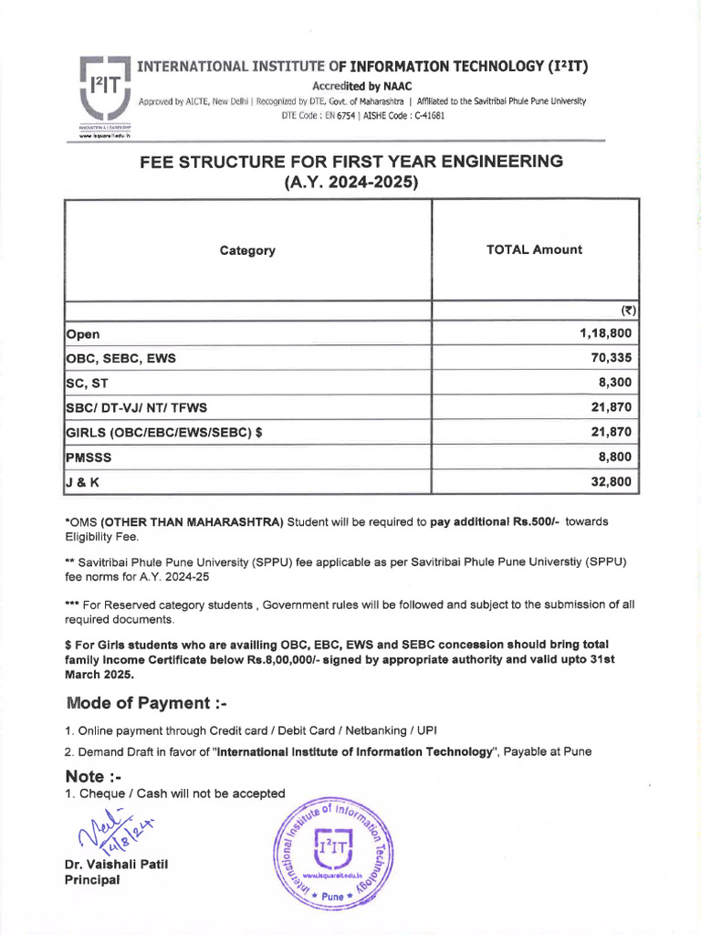 Fee Structure FE 2024 25 | PDF