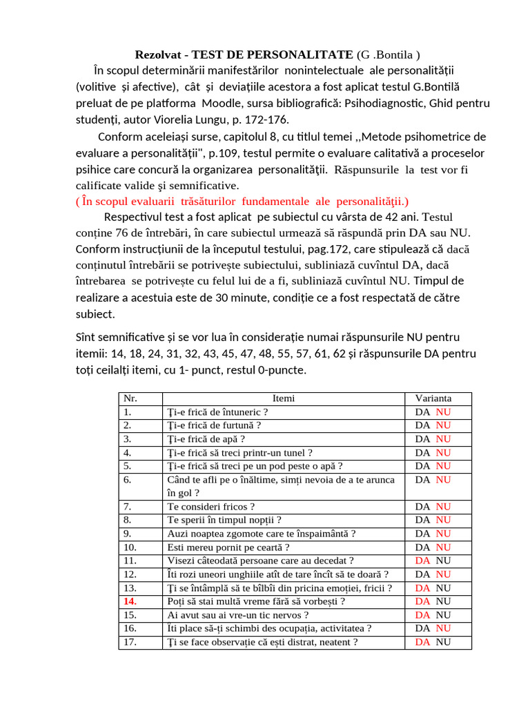 Anexa 2 Test de Personalitate Bontila | PDF