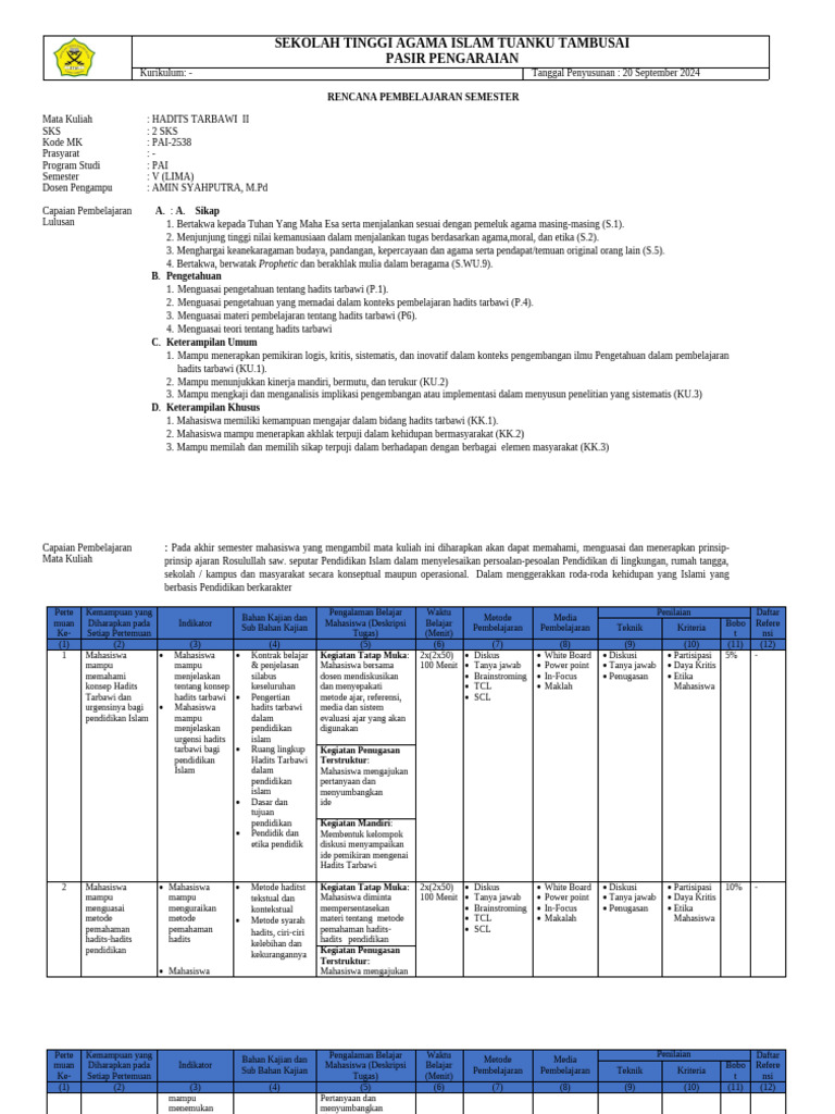 Rps Hadits Tarbawi - II Amin Syahputra Ok | PDF