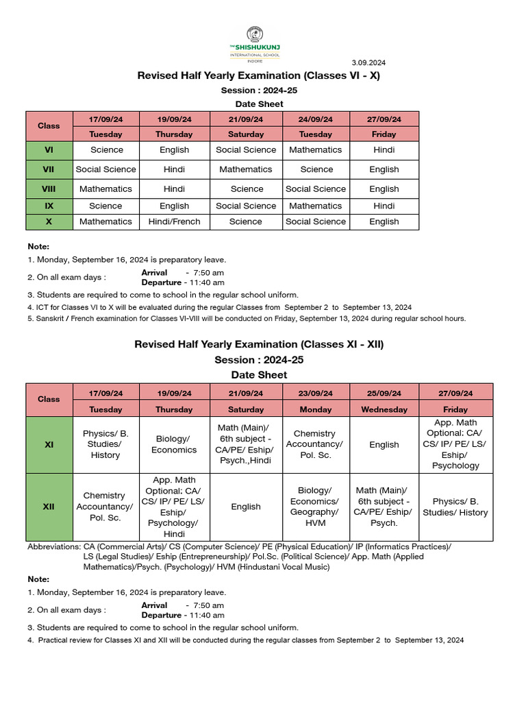 Revised Half Yearly Examination 2024 | PDF