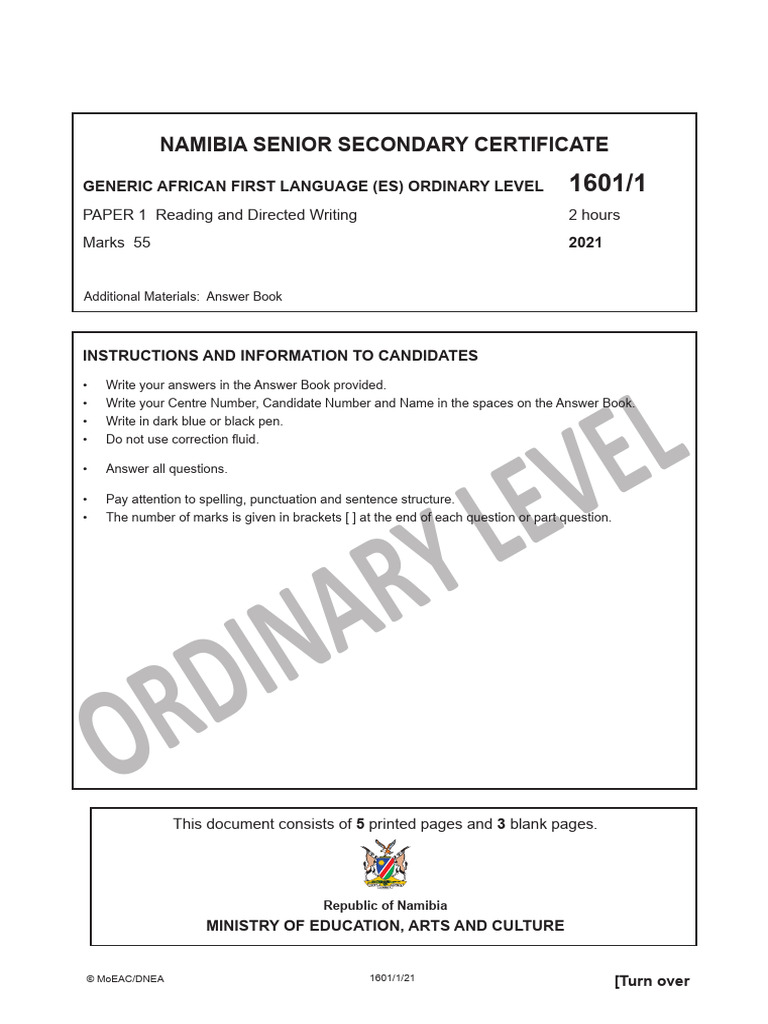 Ordinar Y Level: Namibia Senior Secondary Certificate | PDF